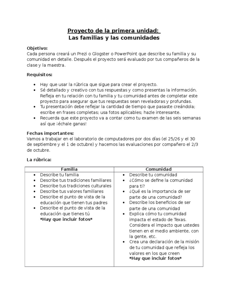 Proyecto sobre Familias y Comunidades | PDF