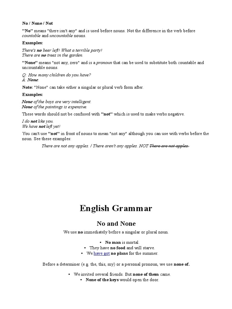 No, Not, None | PDF | Noun | Grammatical Number
