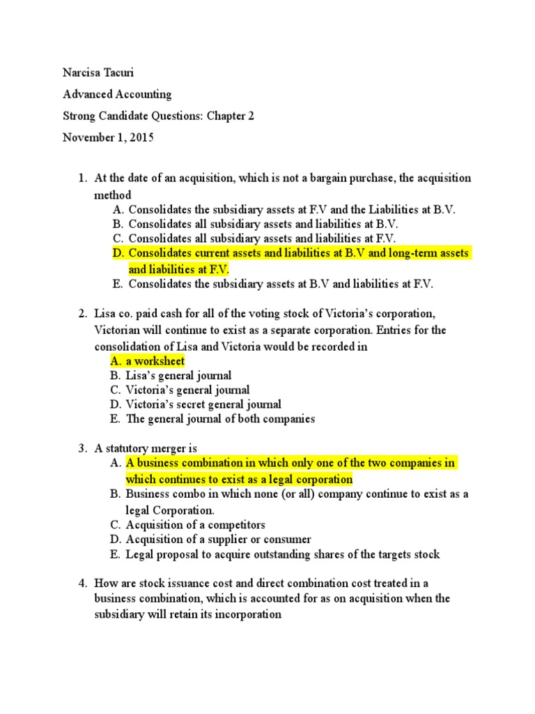 Advanced Accounting Acquisition Q&A | PDF | Consolidation (Business ...