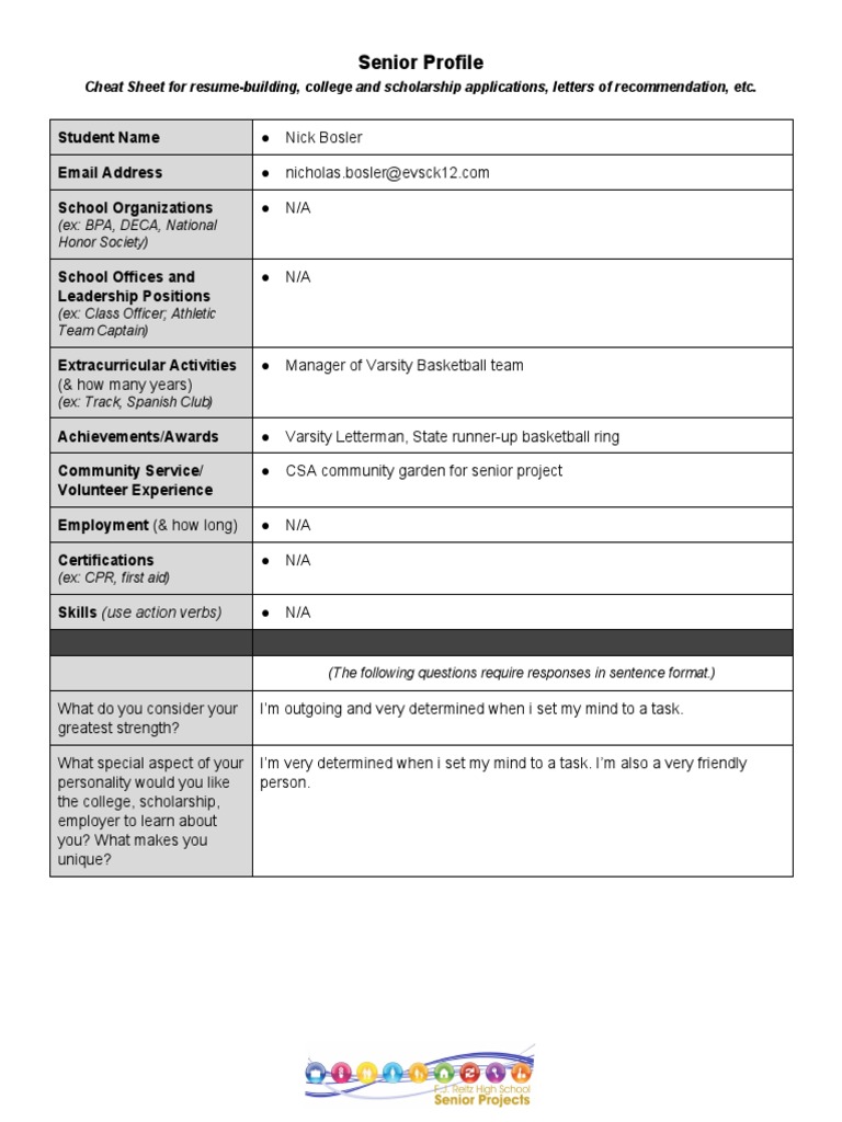 Senior Profile: Student Name Email Address School Organizations | PDF