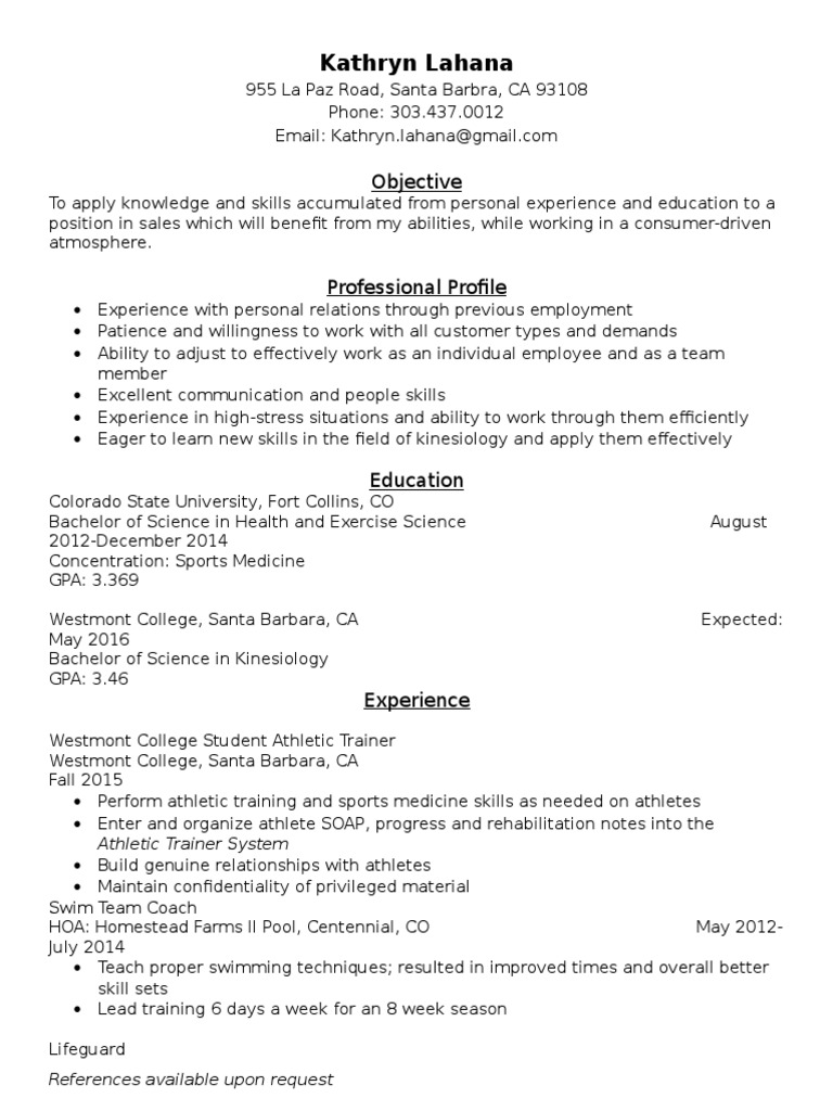 Kathryn Lahana: Sales & Kinesiology Resume | PDF