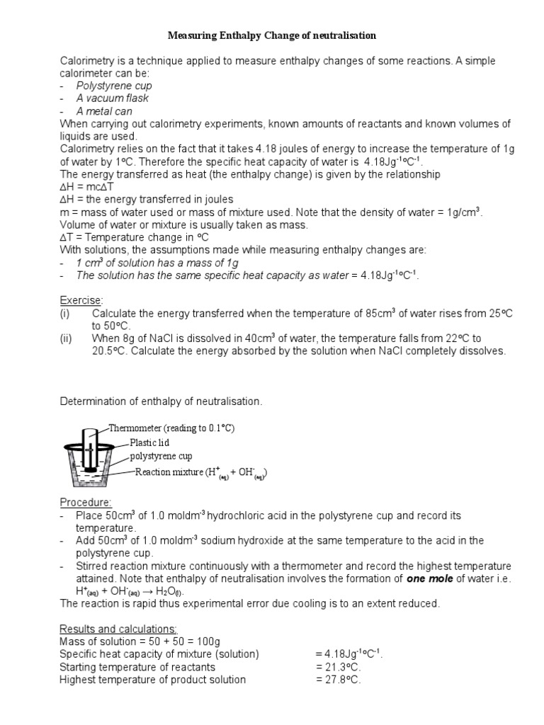 1-Measuring Enthalpy Change of Neutralisation | PDF | Solution | Heat
