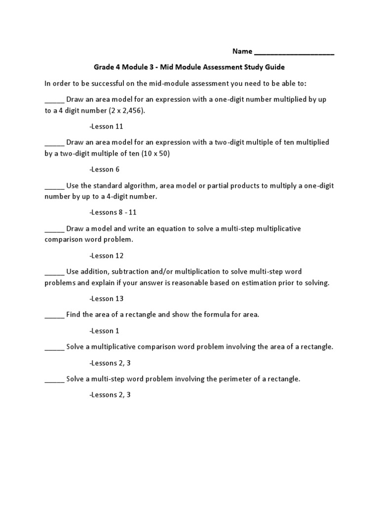 Module 3 Mid Mod Assessment Study Guide | PDF | Area | Multiplication