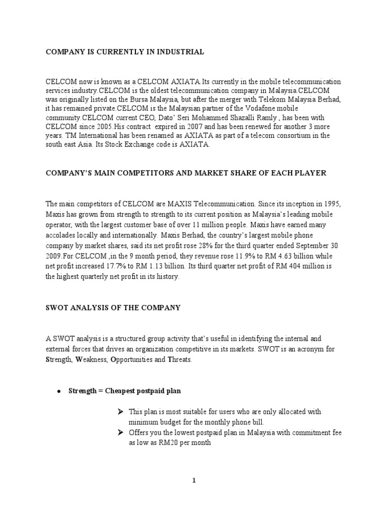 Swot Analysis For Celcom | PDF | Telecommunications | Service Industries