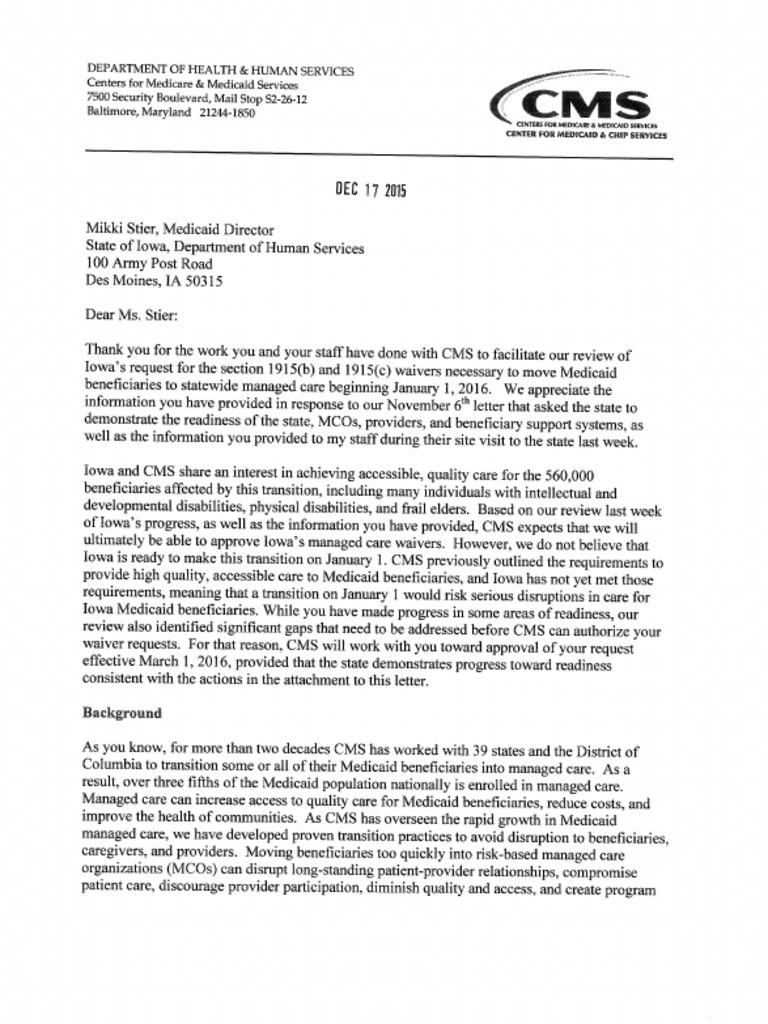 Centers For Medicare and Medicaid Services Letter To Iowa | PDF ...
