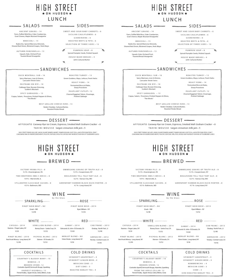 High Street Lunch Menu Overview | PDF | Pickling | Coleslaw