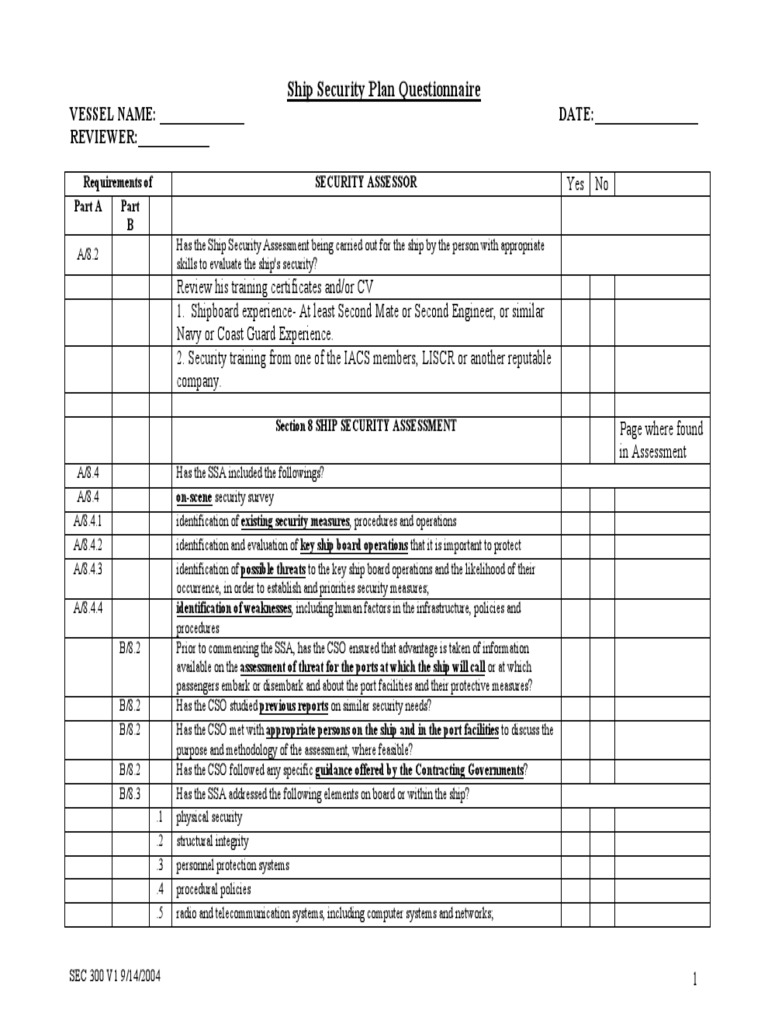 Ship Security Plan Questionnaire | Securities | Surveillance | Free 30 ...