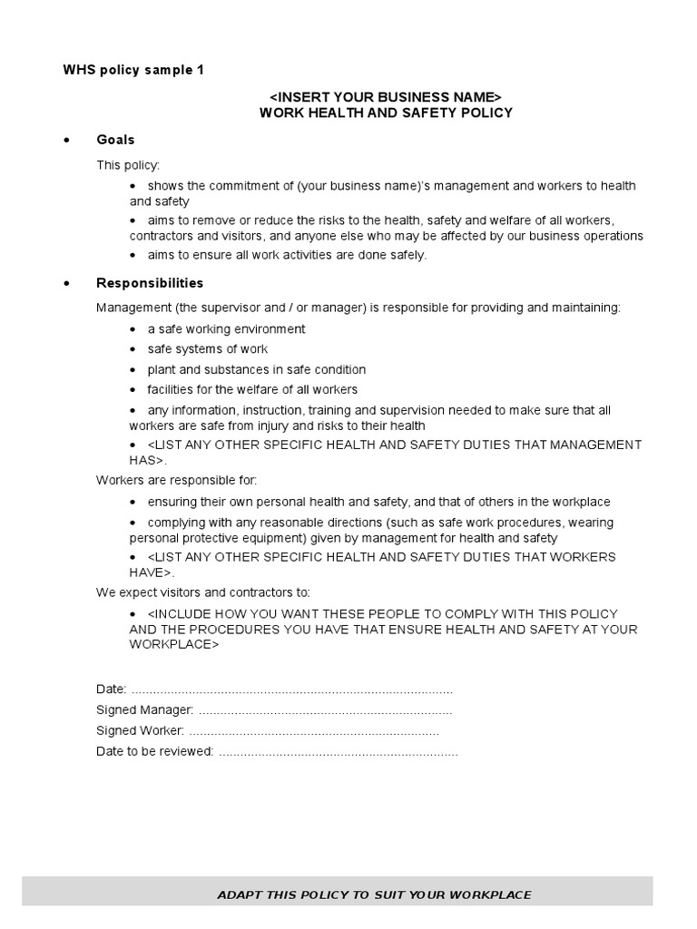 Work Health and Safety Policy Example | PDF | Occupational Safety And ...