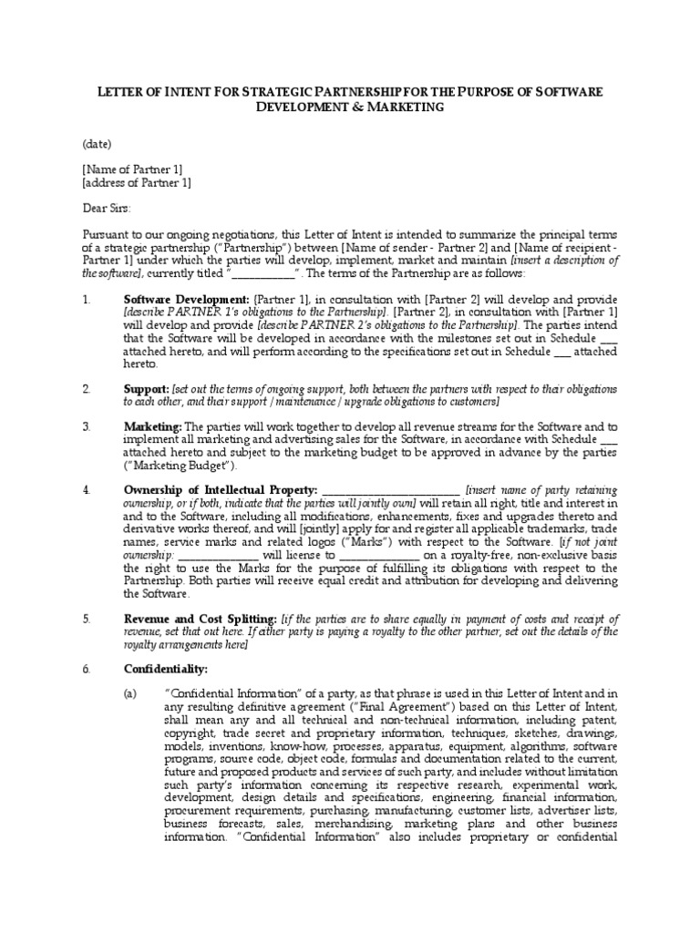 Letter of Intent for Software Development | Royalty Payment ...