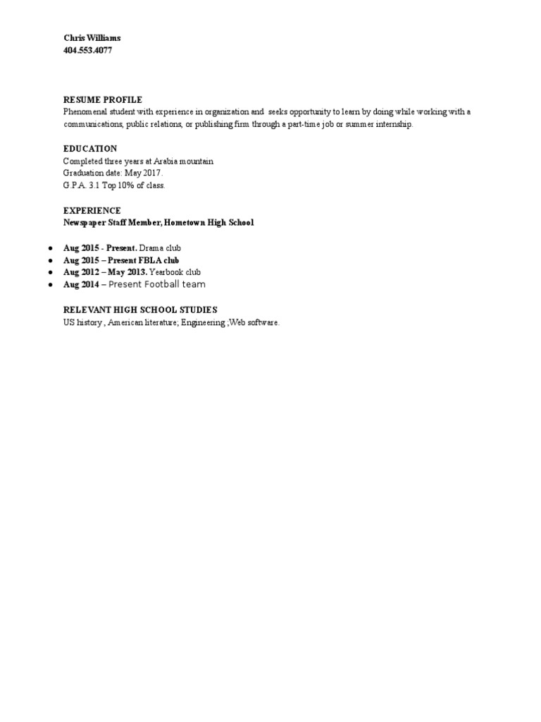 High School Student Resume for Internships | PDF | Wellness