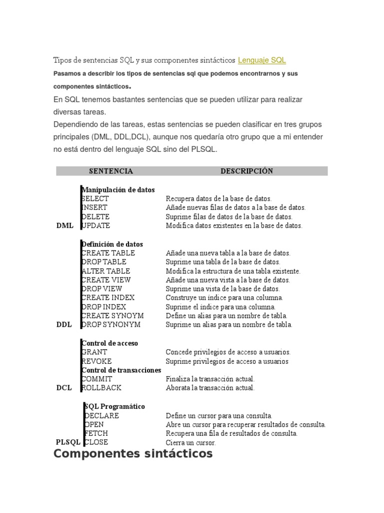 Tipos de Sentencias SQL y Sus Componentes Sintácticos | PDF | SQL ...