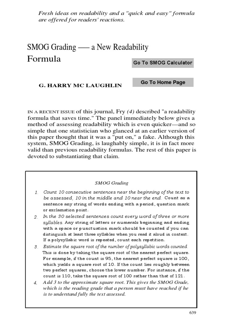 SMOG Readability Formula G. Harry McLaughlin (1969) | PDF | Linguistics | Semiotics