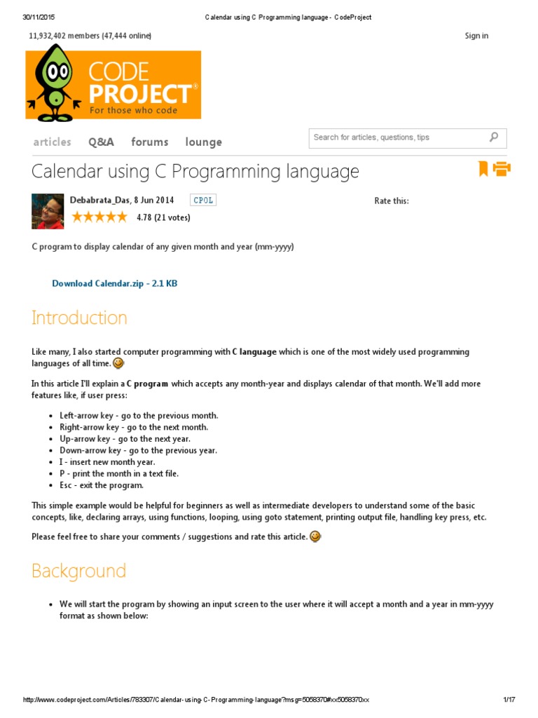 Calendar Using C Programming Language Codeproject1 Pdf Filename C Programming Language 