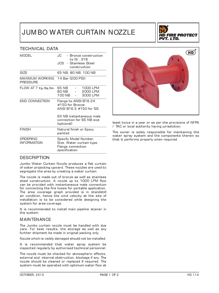 Jumbo Water Curtain Nozzle Specifications | PDF | Nozzle | Damages
