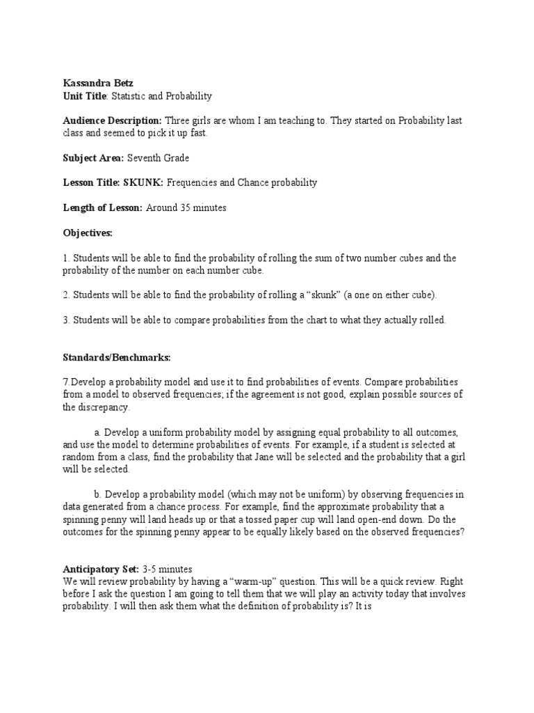 Skunk Game | PDF | Probability | Behavior Modification