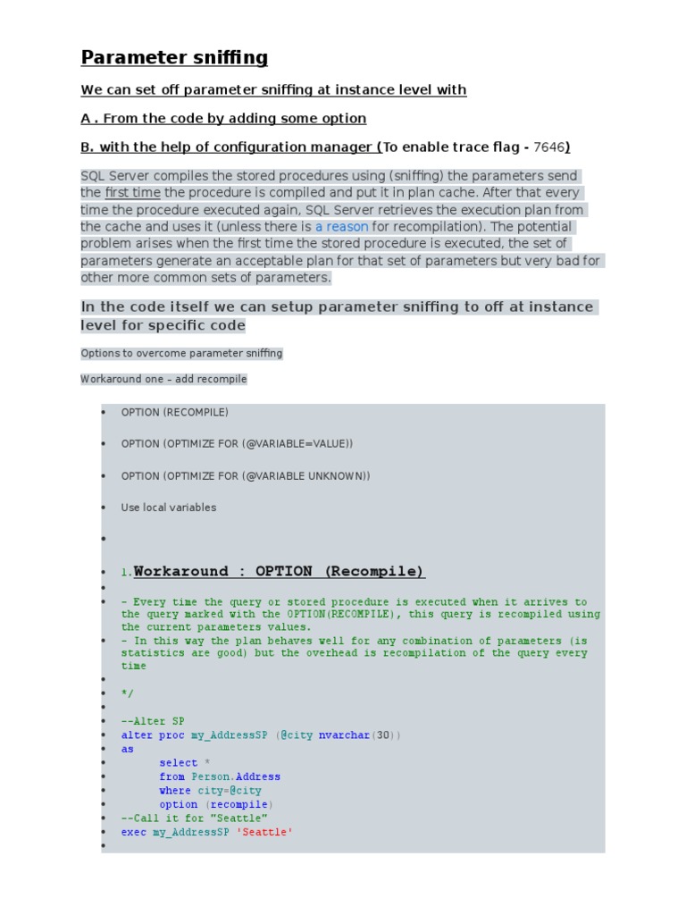 Parameter Sniffing | Download Free PDF | Microsoft Sql Server | Parameter (Computer Programming)