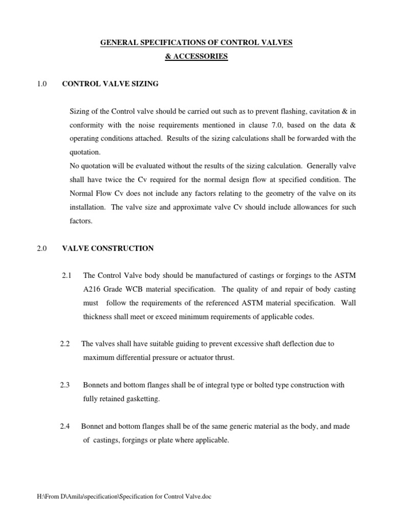 Specification For Control Valve | PDF | Valve | Specification ...