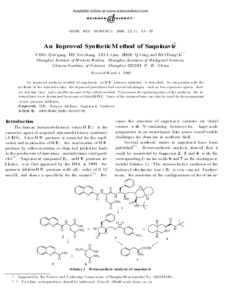 An Improved Synthetic Method Of Saquinavir Chemical Substances Chemical Compounds