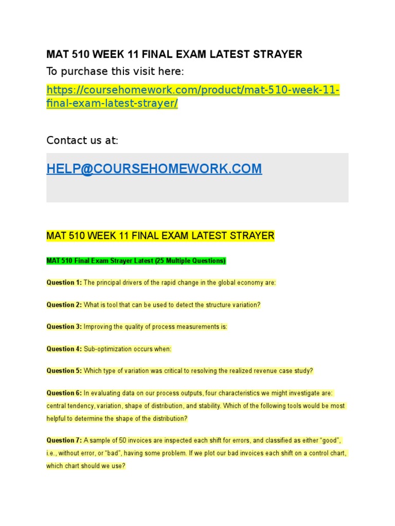 Mat 510 Week 11 Final Exam Latest Strayer | PDF | Confidence Interval ...