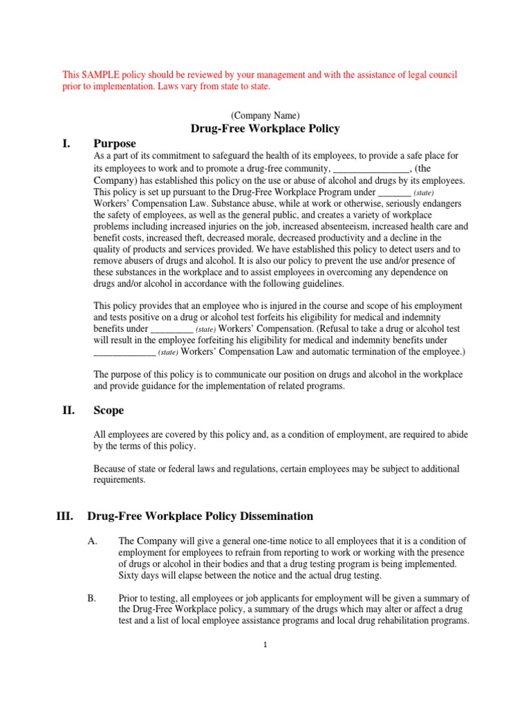 Drug-Free Workplace Policy Template | PDF | Drug Test | Substance Abuse