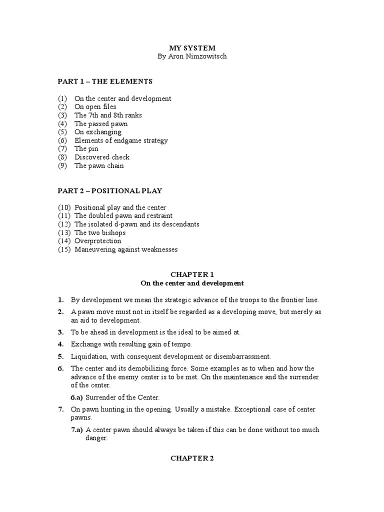 MY SYSTEM - Aron Nimzowitsch - Main Ideas | PDF | Chess Strategy | Game ...