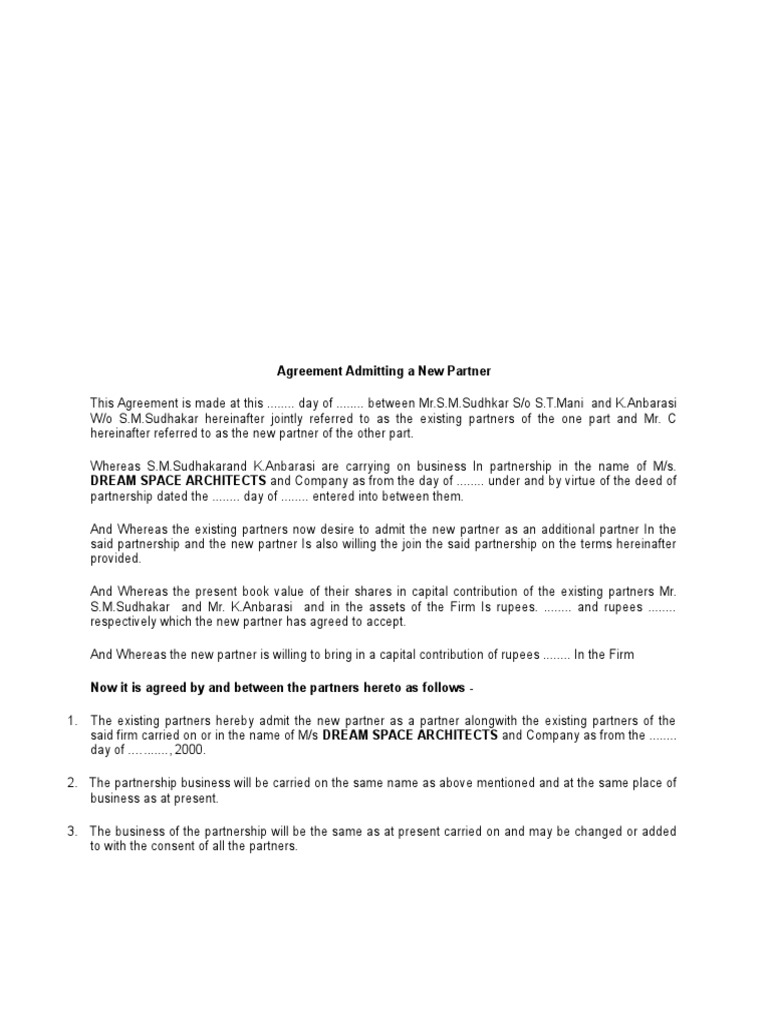 Agreement Admitting A New Partner-DSA | PDF | Partnership | Payments