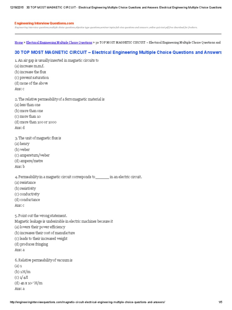 30 TOP MOST MAGNETIC CIRCUIT - Electrical Engineering Multiple Choice ...
