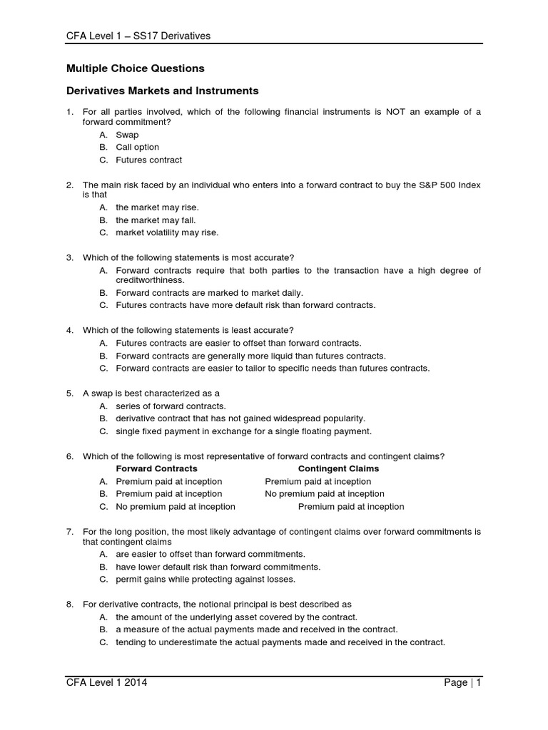 CFA Level 1 Derivatives Practice Questions | PDF | Option (Finance ...