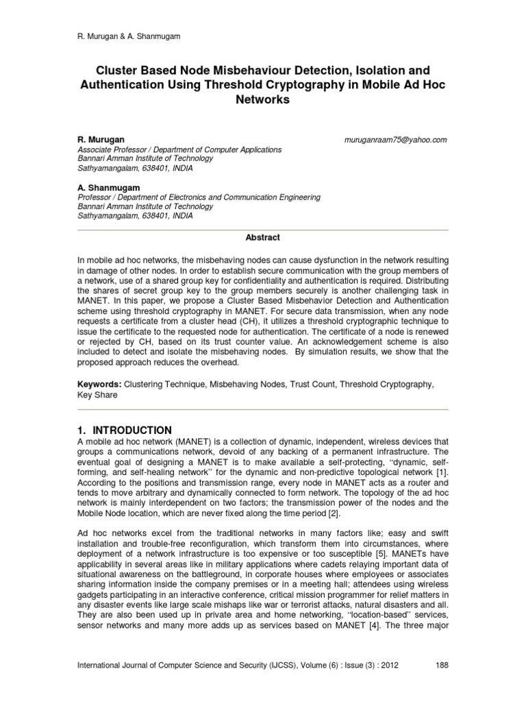 Cluster Based Misbehaviour Detection And Authentication Using Threshold Cryptography In Mobile
