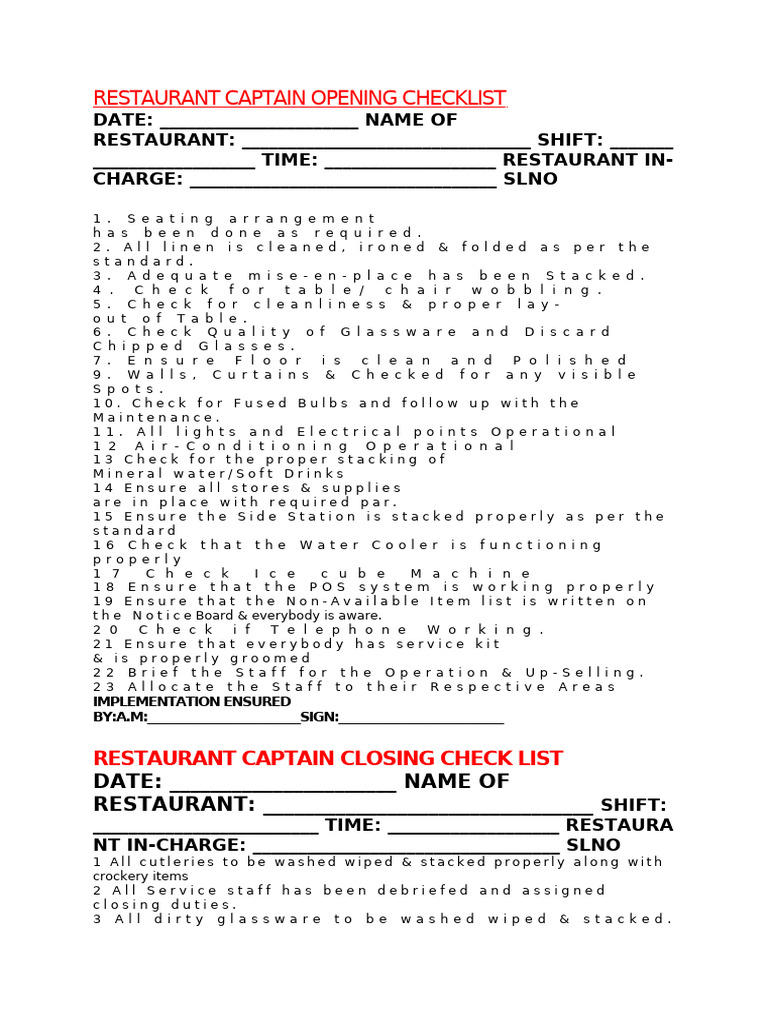 Restaurant Captain Opening Checklist | PDF | Business