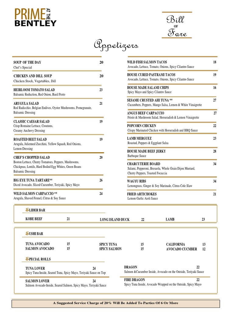 Bentley Restaurant Menu Overview | PDF | Salad | Hamburgers
