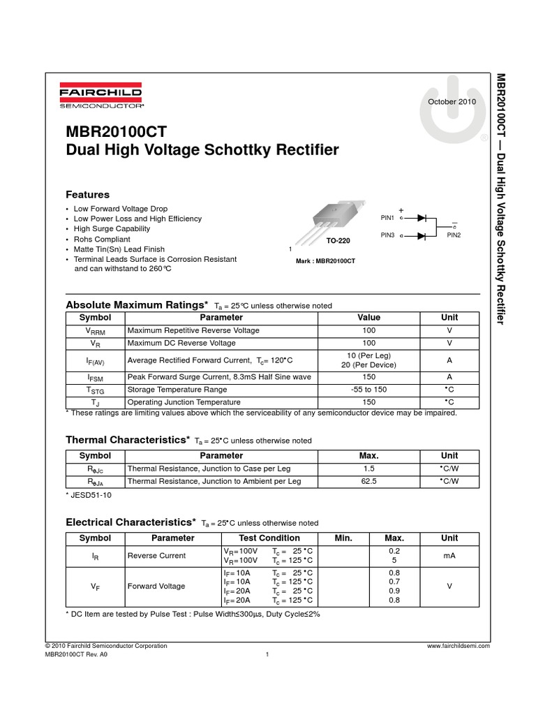 MBR20100CT Dual High Voltage Schottky Rectifier: Features | PDF ...
