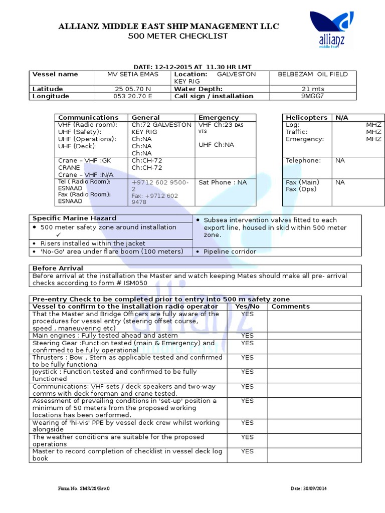 Allianz Middle East Ship Management LLC: 500 Meter Checklist | PDF ...