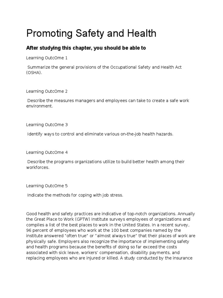 Promoting Safety and Health | PDF | Occupational Safety And Health ...