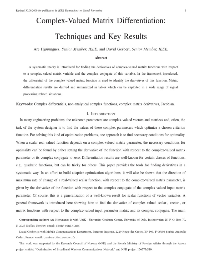Complex-Valued Matrix Differentiation: Techniques and Key Results | PDF | Derivative | Complex ...