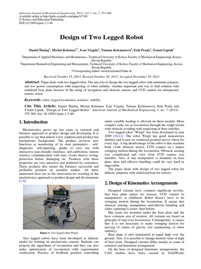 Design of Two Legged Robot | PDF | Robot | Robotics