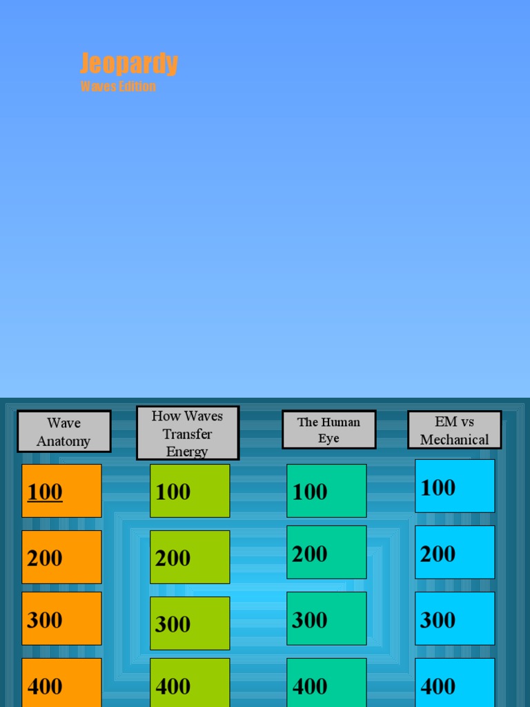 Jeopardy: Waves and Energy Quiz | PDF | Wellness | Science & Mathematics