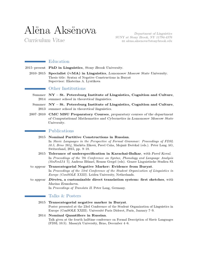 Alëna Aksënova: Curriculum Vitae | PDF | Linguistics | Semiotics
