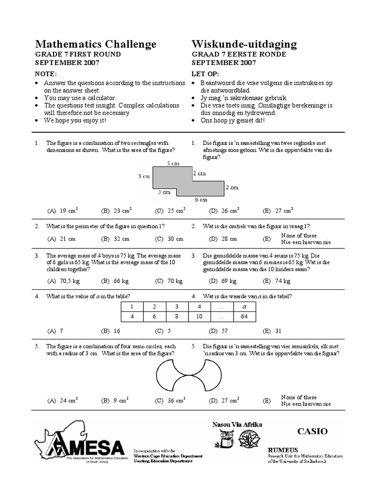 Mathematics Challenge Wiskunde-Uitdaging: Grade 7 First Round September ...