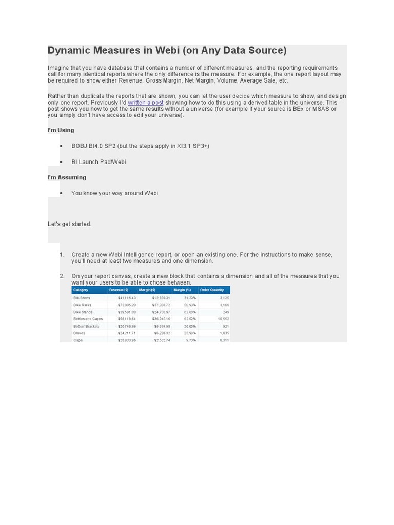 Dynamic Measures in Webi (On Any Data Source) : I'm Using | PDF ...