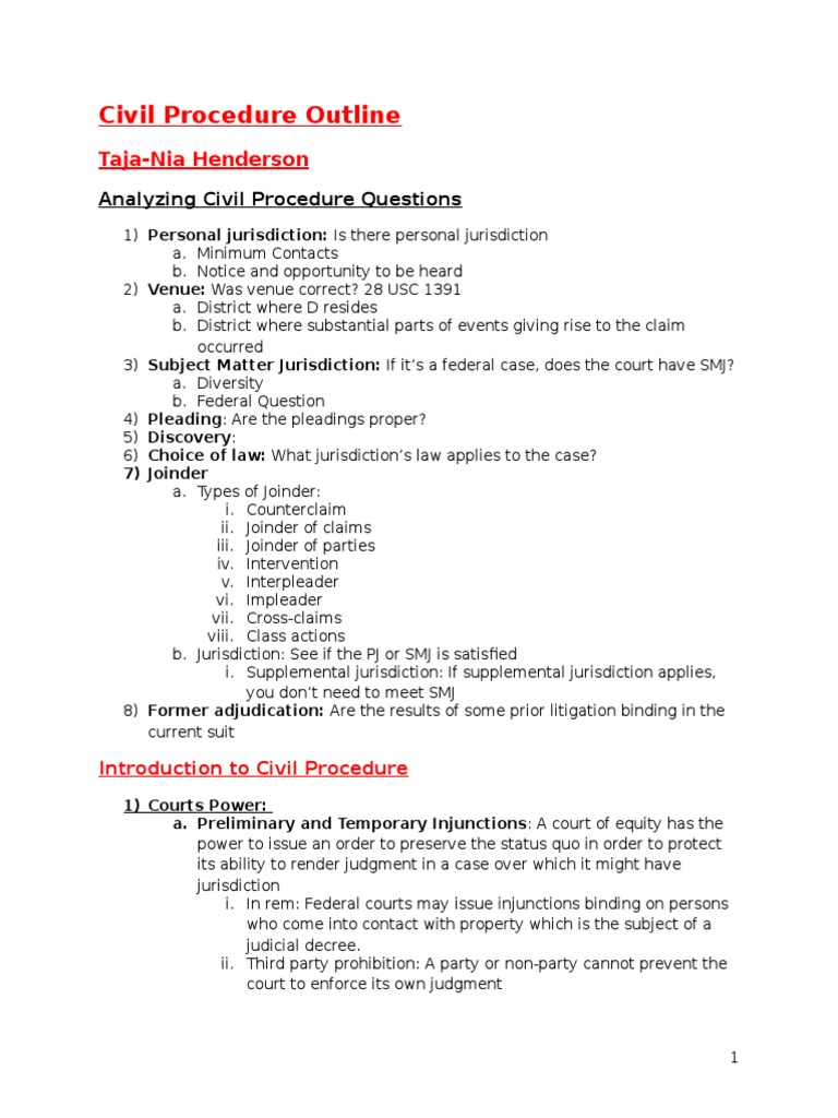 Outline Model Civ Pro | PDF | Pleading | Federal Rules Of Civil Procedure