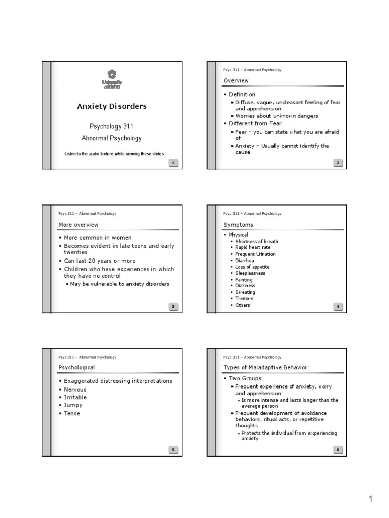 Anxiety Disorders: Psychology 311 Abnormal Psychology | PDF | Anxiety ...