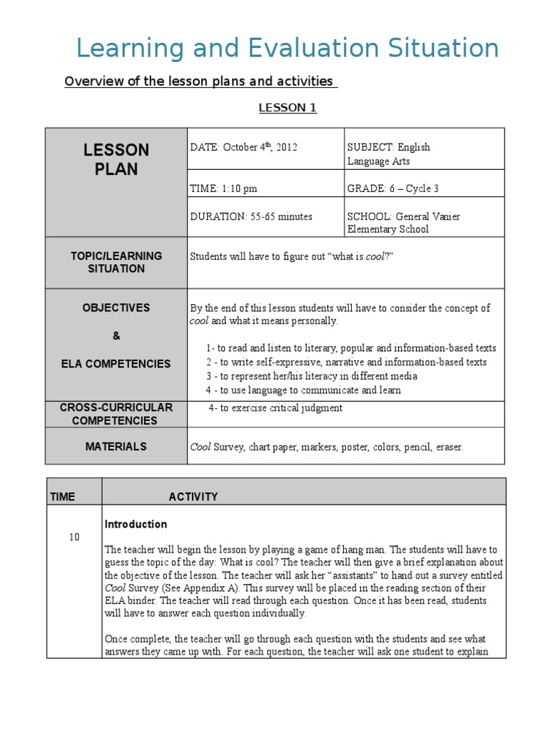 Learning and Evaluation Situation: Lesson Plan | PDF | Educational ...