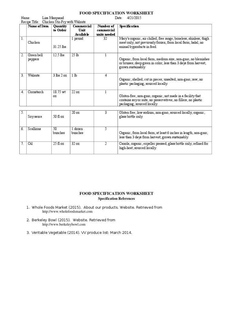 Food Specification Worksheet | PDF