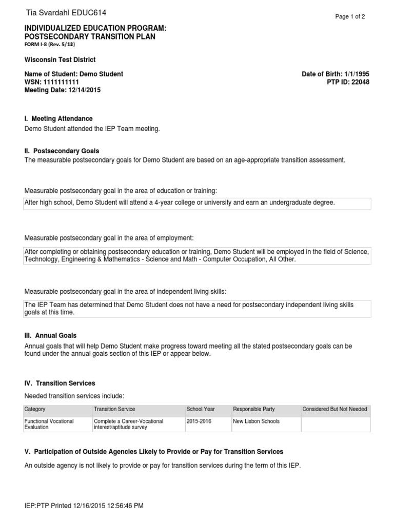 Demo Student's 2015 Transition Plan | PDF | Career & Growth
