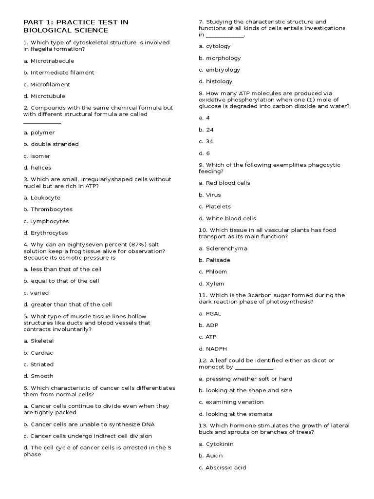 Part 1: Practice Test in Biological Science | PDF | Root | Cell (Biology)
