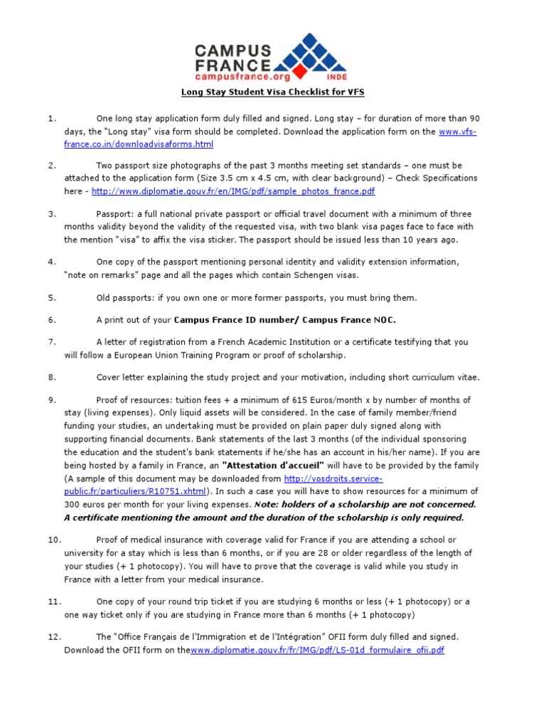 Long Stay Student Visa Checklist For VFS | PDF | Travel Visa | Passport