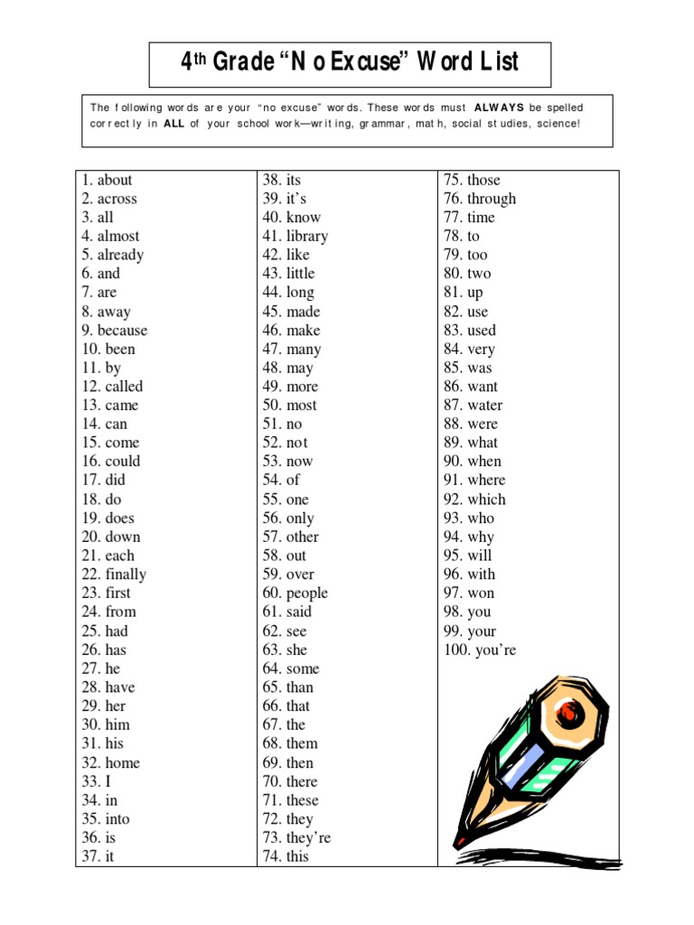 Microsoft Word - No Excuse Spelling List | PDF | Language Arts & Discipline