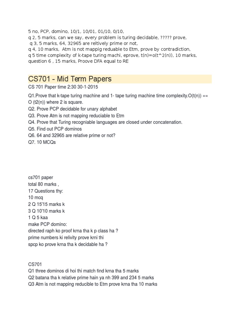 Mid Term Past Papers 701 | PDF | Formalism (Deductive) | Theoretical ...
