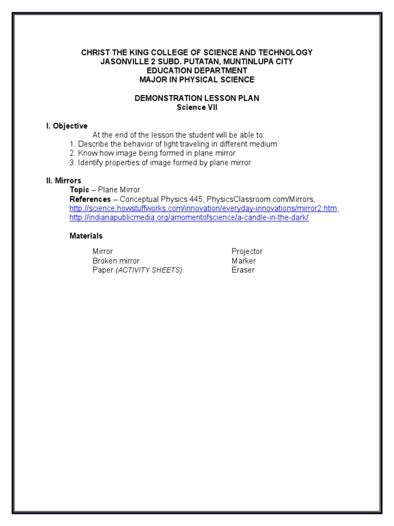 Lesson Plan - Mirror | PDF | Reflection (Physics) | Mirror